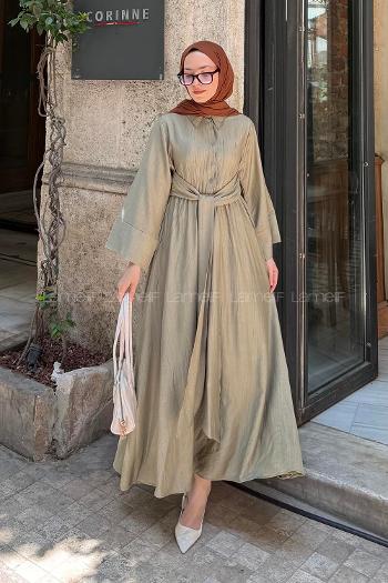 Lamelif Bel Bağlama Detaylı Tesettür Elbise Haki | 154488
